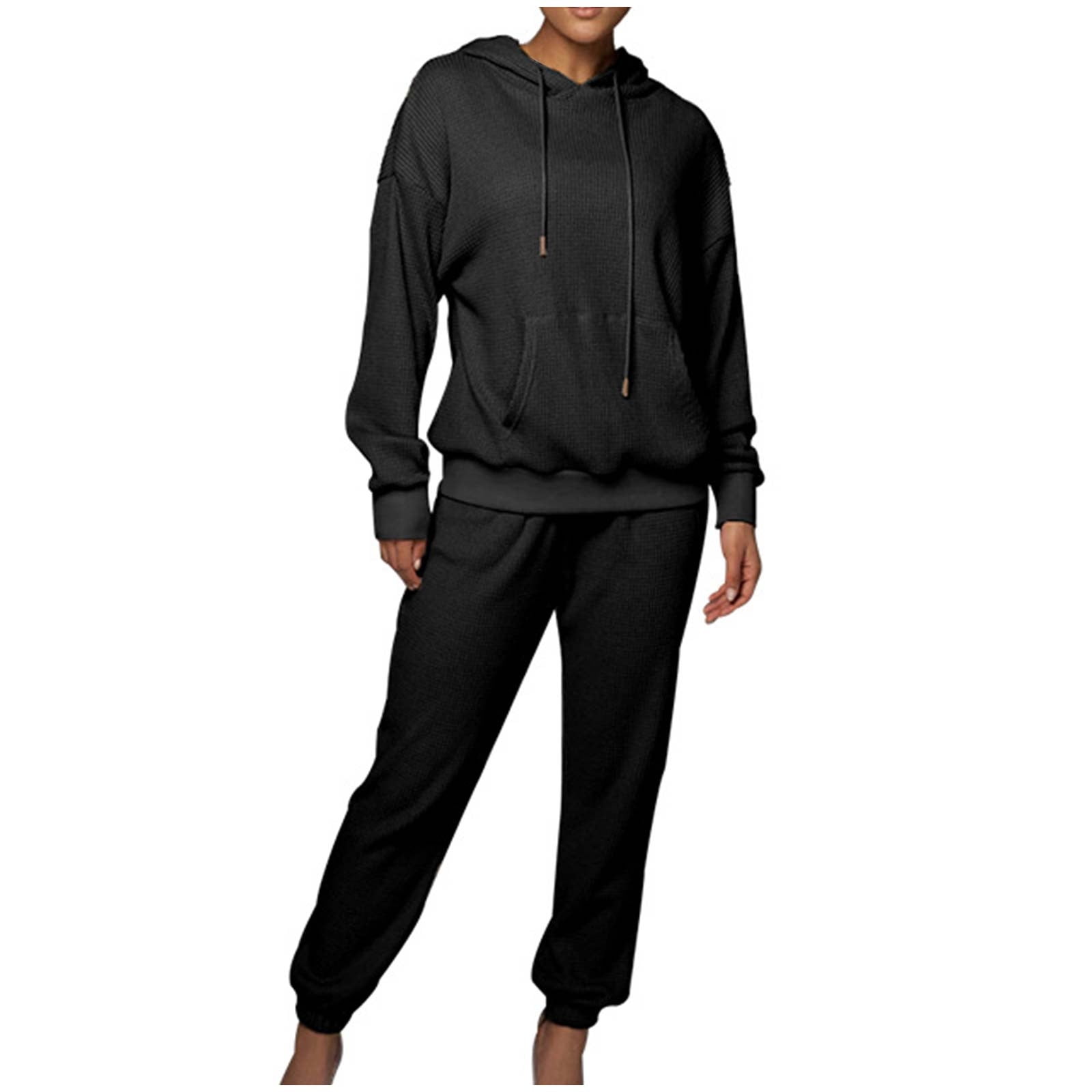 2024 Women's Solid Color Waffle Outfits Hoodies Sweatpants with Pockets ...