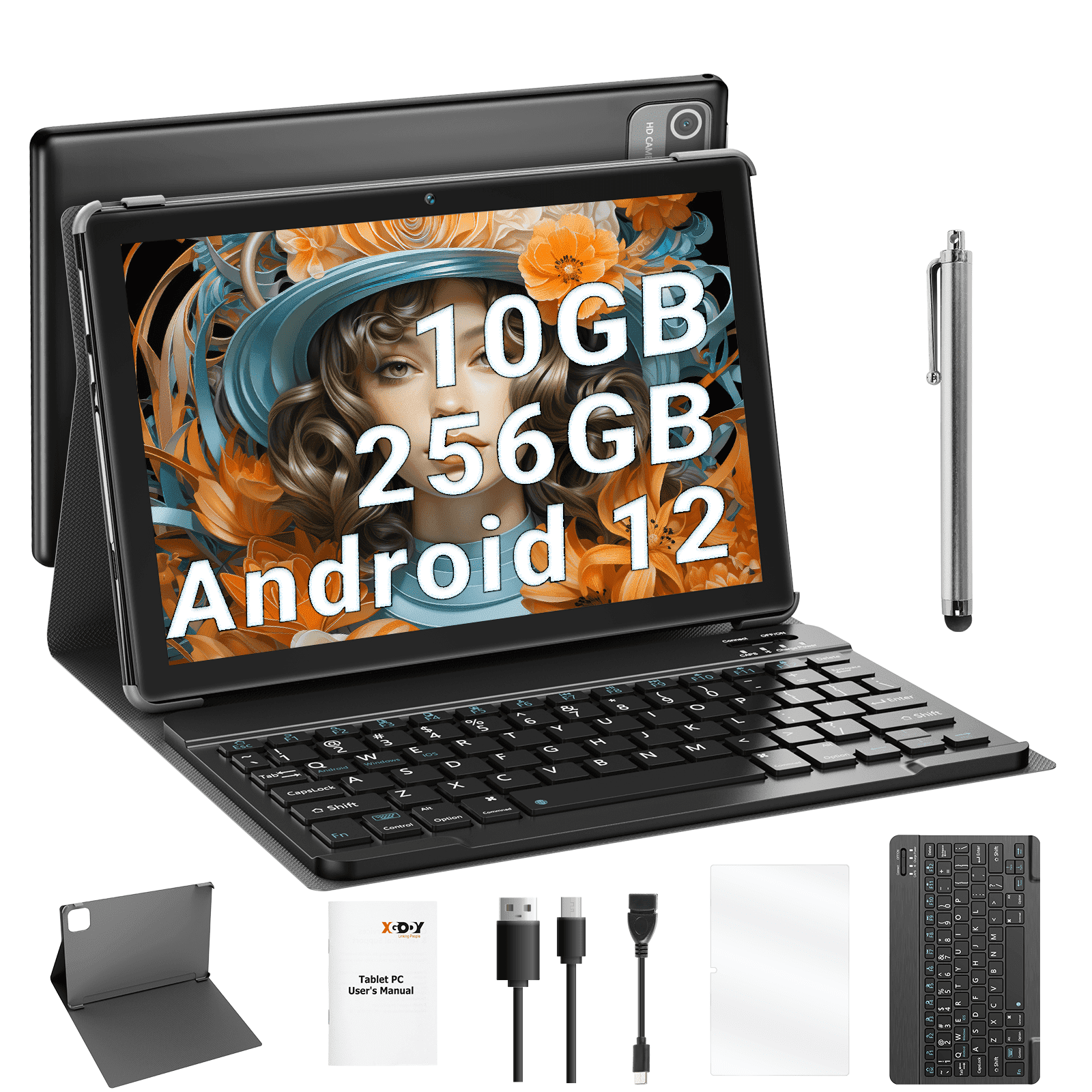 XGODY 2023 10 inch Android Tablet 64GB Wi-Fi with Keyboard, Stylus Pen ...