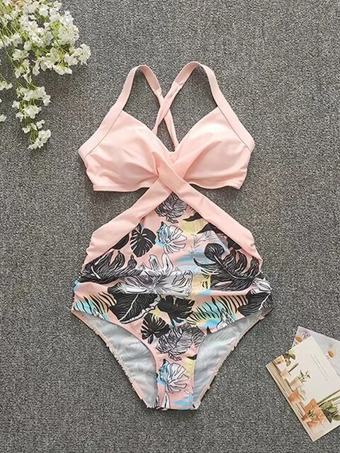 2023Solid Printed Swimwear Women Halter One Piece Swimsuit Female ...