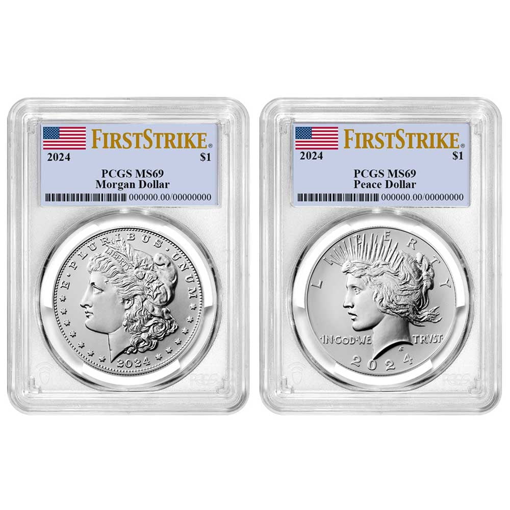 2024 $1 Morgan and Peace Silver Dollar 2pc Set PCGS MS69 FS Flag Label ...