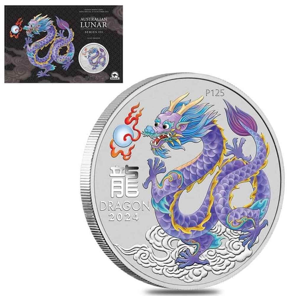 2024 1 oz Colorized Silver Lunar Lilac Dragon Coin Sydney ANDA Expo ...