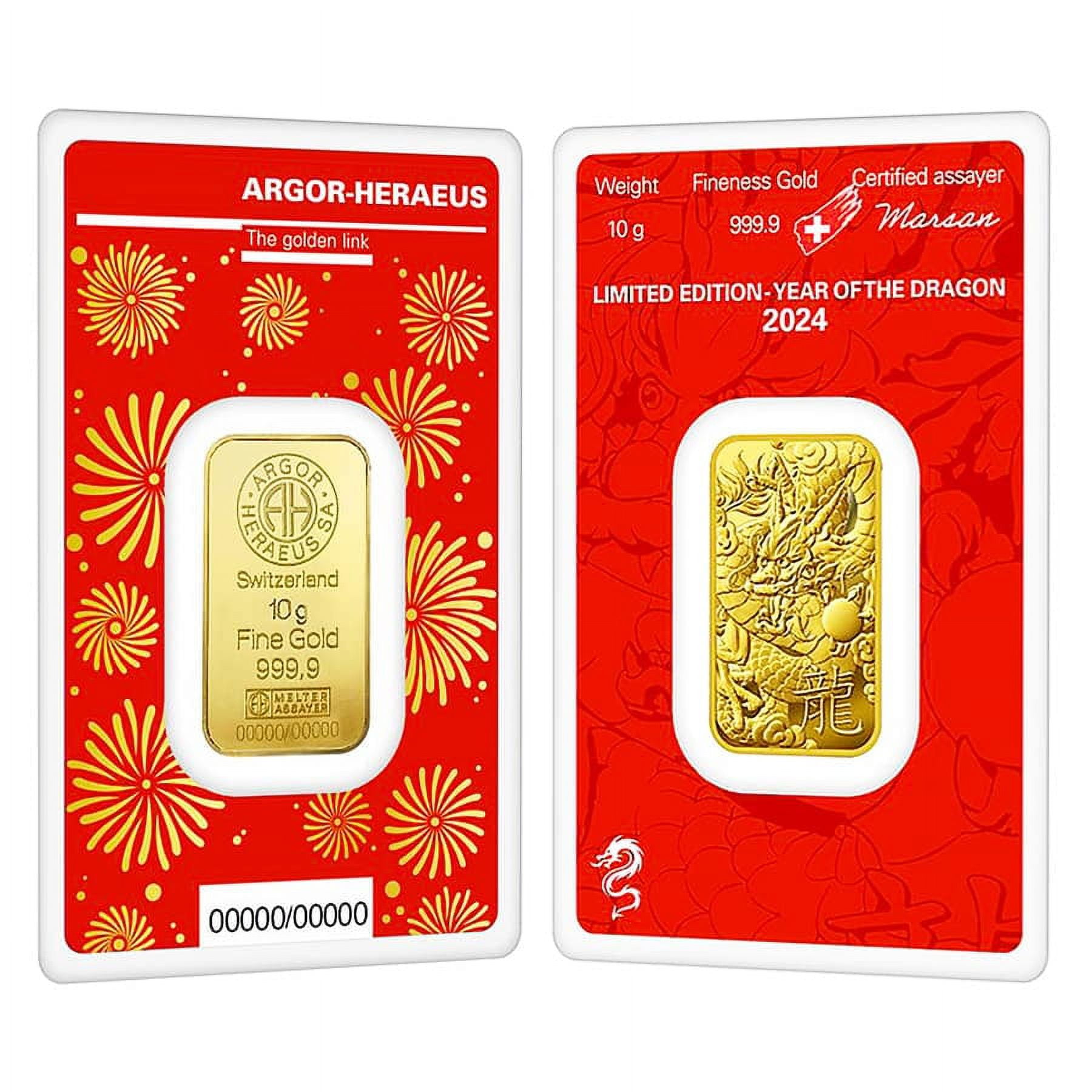 Argor Heraeus 2024 Lunar Dragon Gold Bar, 10g Precious Metals Bullion ...