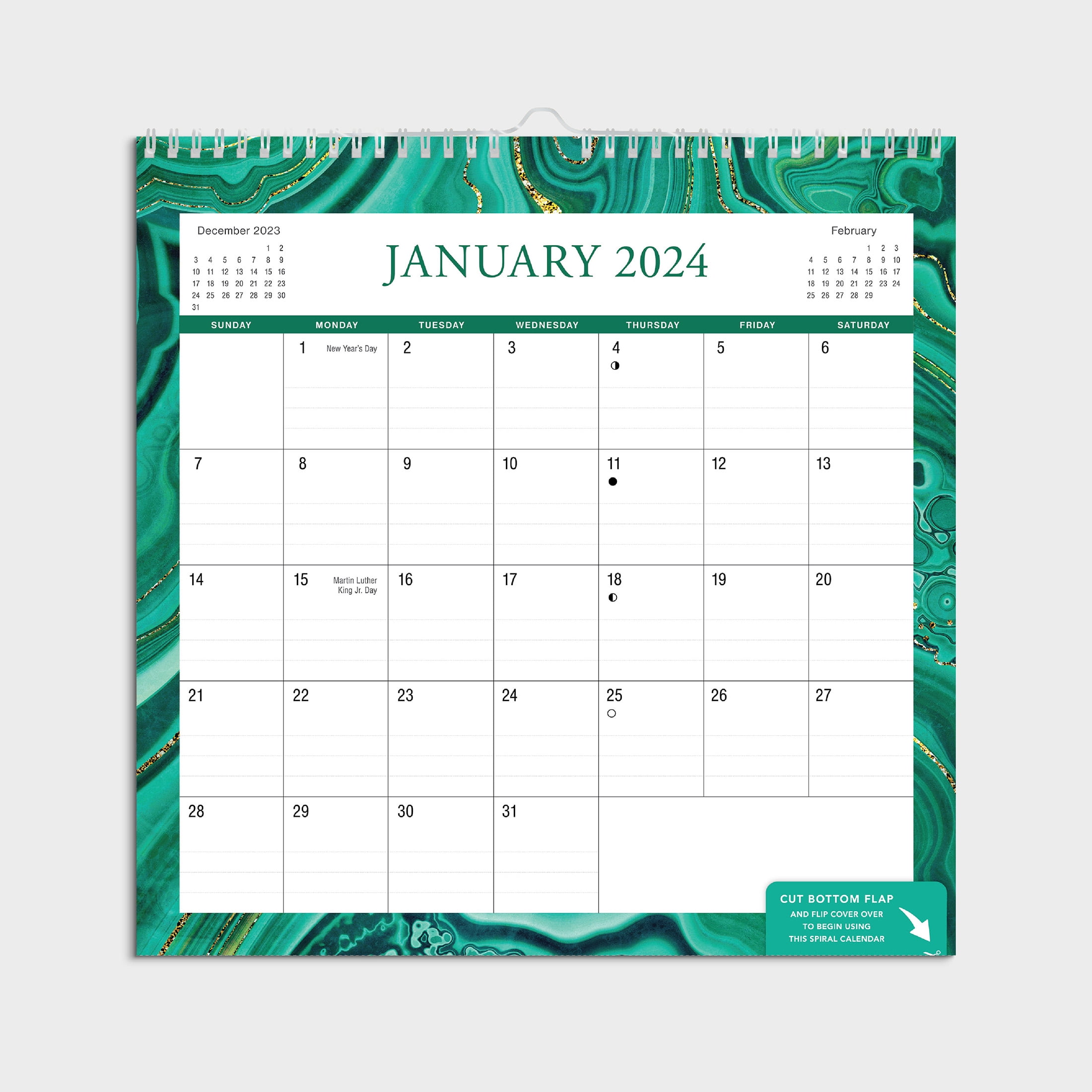 2024- 12 Month Calendar-Green Marble Border-12x12 Spiral bound by Pen ...