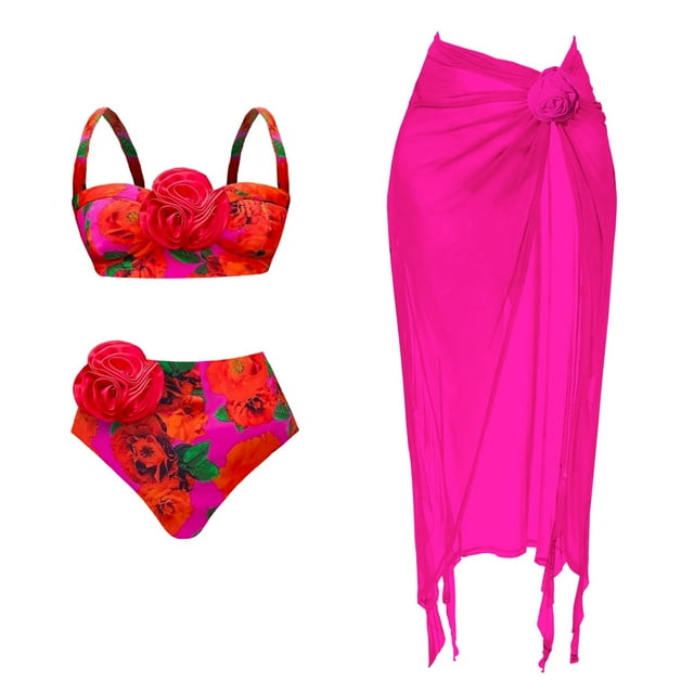 2024 3D Flower Bikini Underwire Swimsuit with Skirt High Waist Swimwear ...