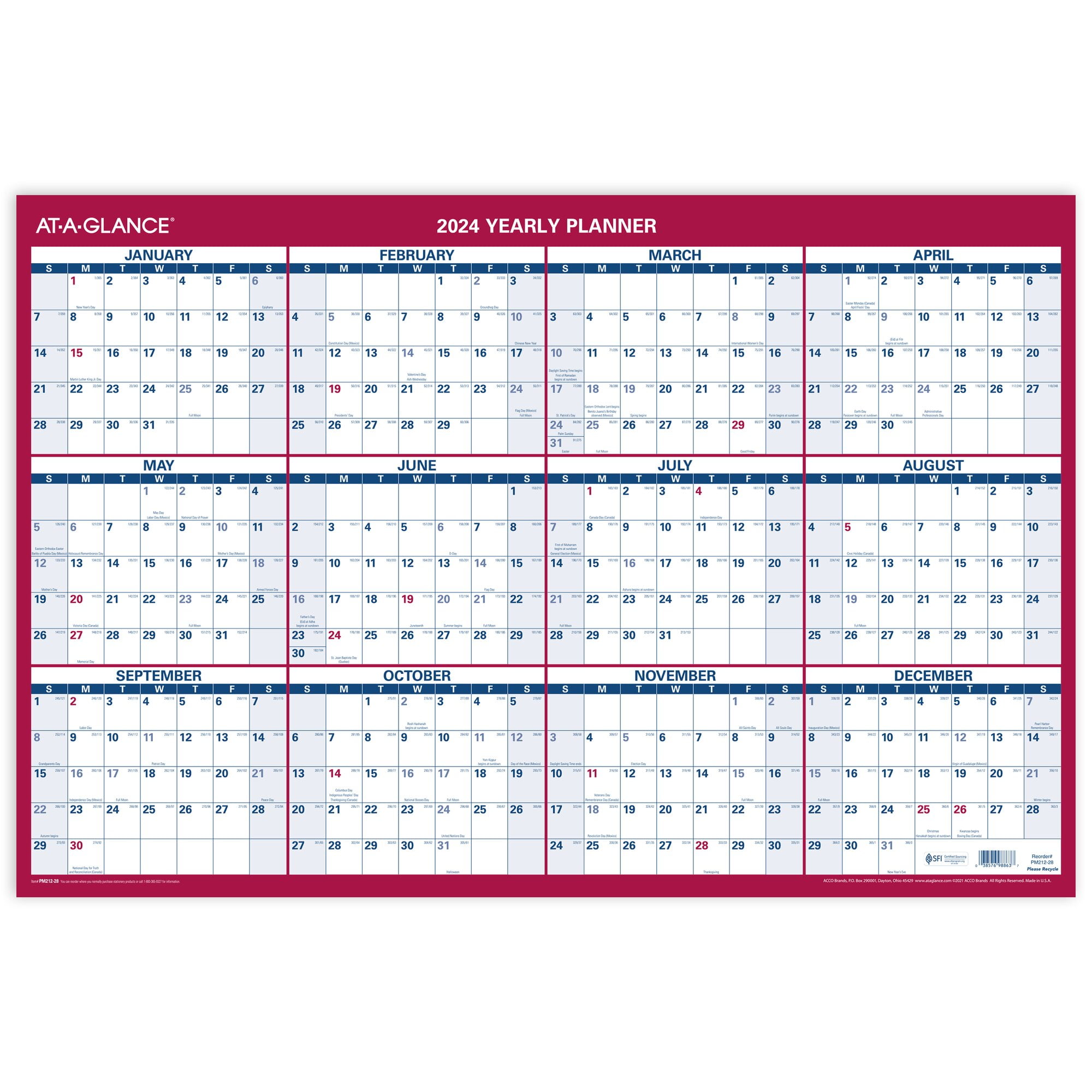 AT-A-GLANCE, Extra Large Monthly 2024 Yearly Wall Calendar, Vertical ...