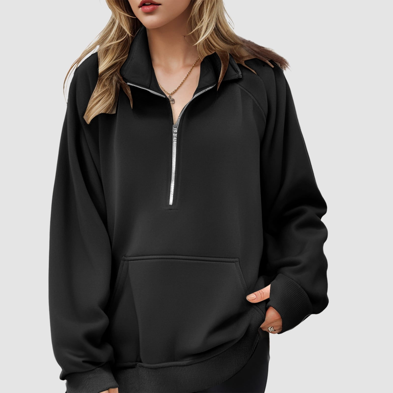 2024 Autumn/Winter Women's New Half Zipper Short Solid Color Hoodie ...
