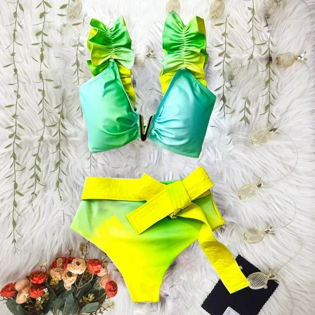 2024 Bikini Floral Ruffled Bikini Set Women V-neck High Waist Two Piece ...