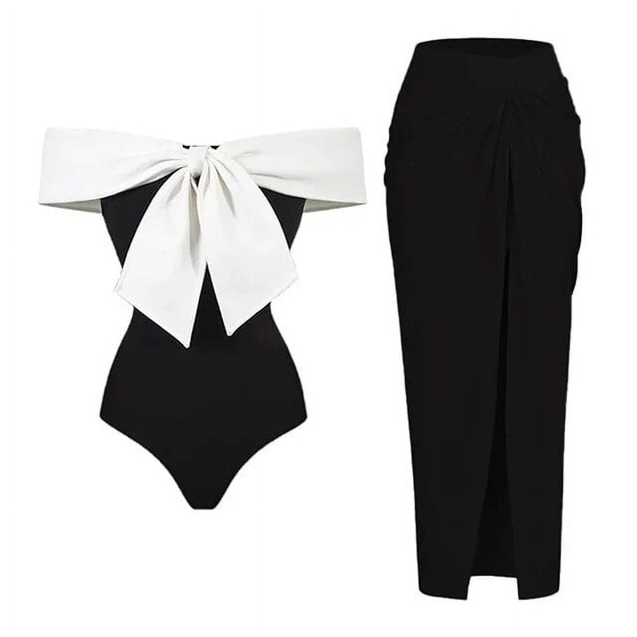 2024 Black White Retro One Piece Swimsuit Women Bow Tie Swimwear With