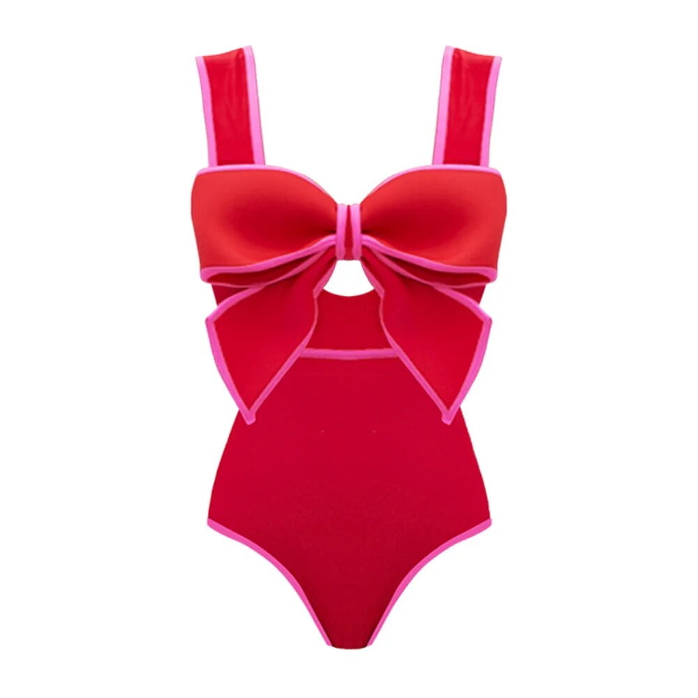 2024 Black White Retro One Piece Swimsuit Women Bow Tie Swimwear With