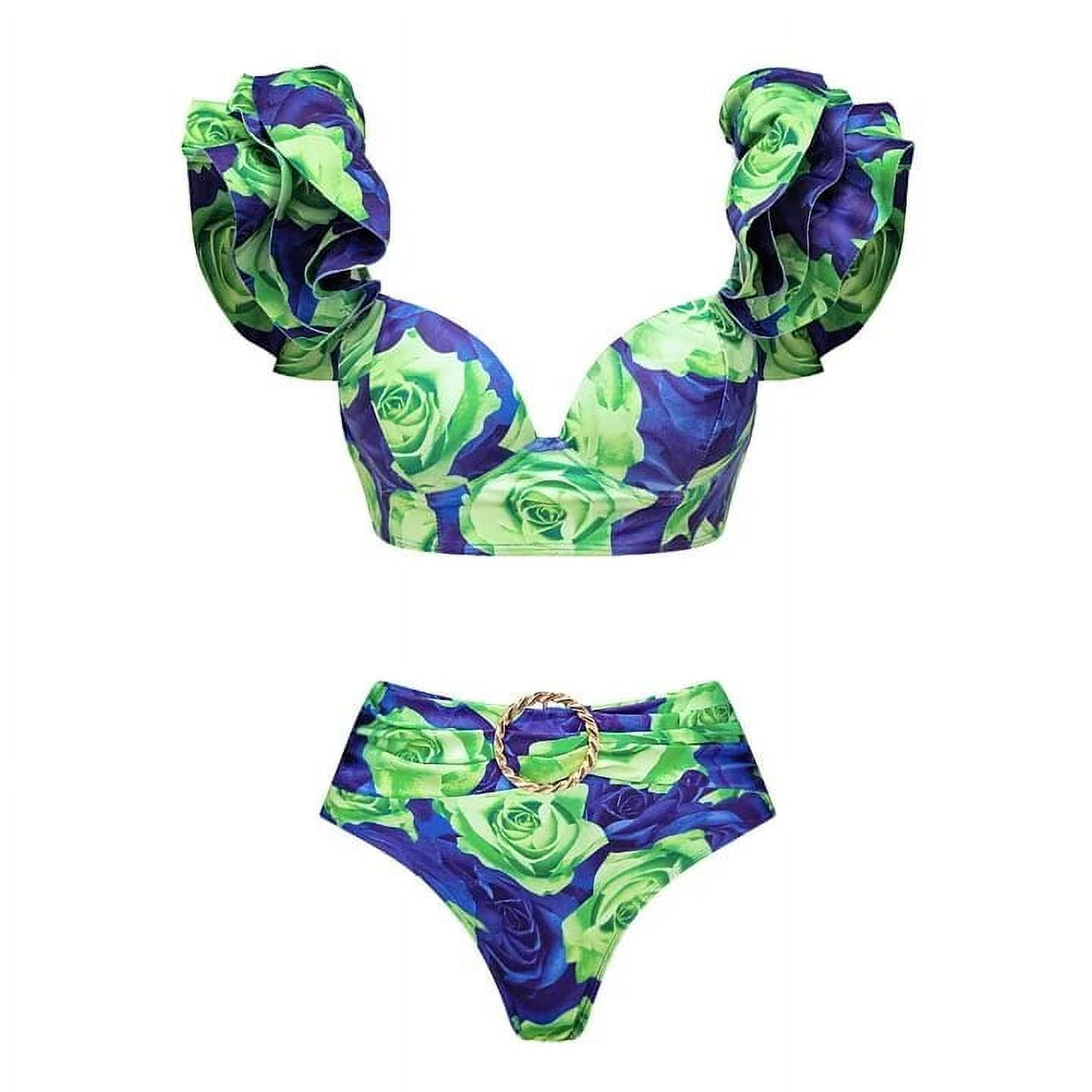 2024 Blue Green Rose Swimsuit and Skirt Ruffle Contrast Print Monokini ...