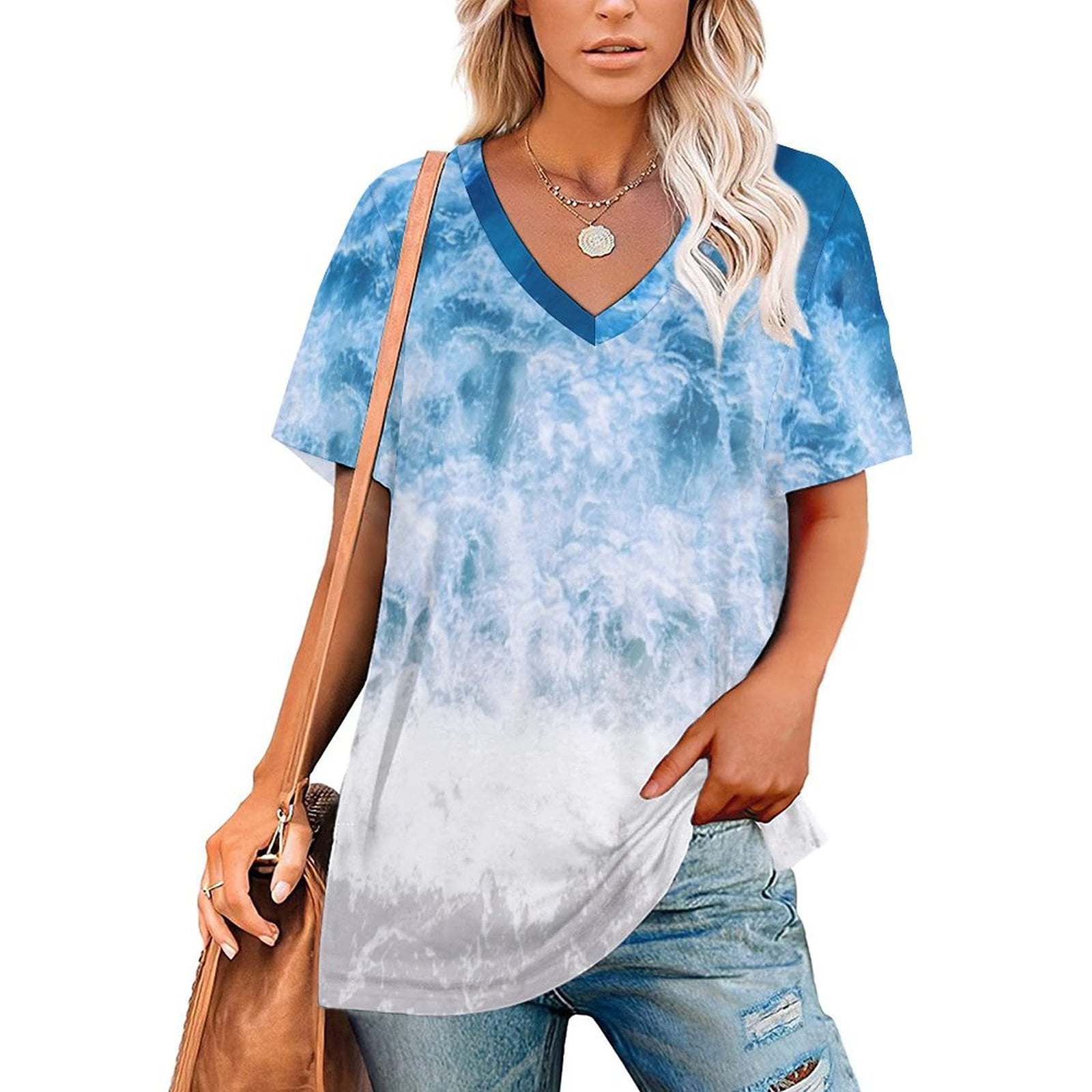 2024 Blue Sea Ruffle Short Sleeve T-Shirt Women's T-Shirts Tee Fashion ...