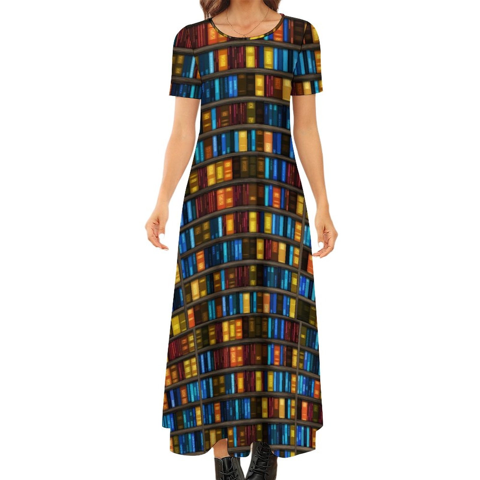2024 Books Library Dress Bookshelf Colorful Trendy Maxi Dress Short ...