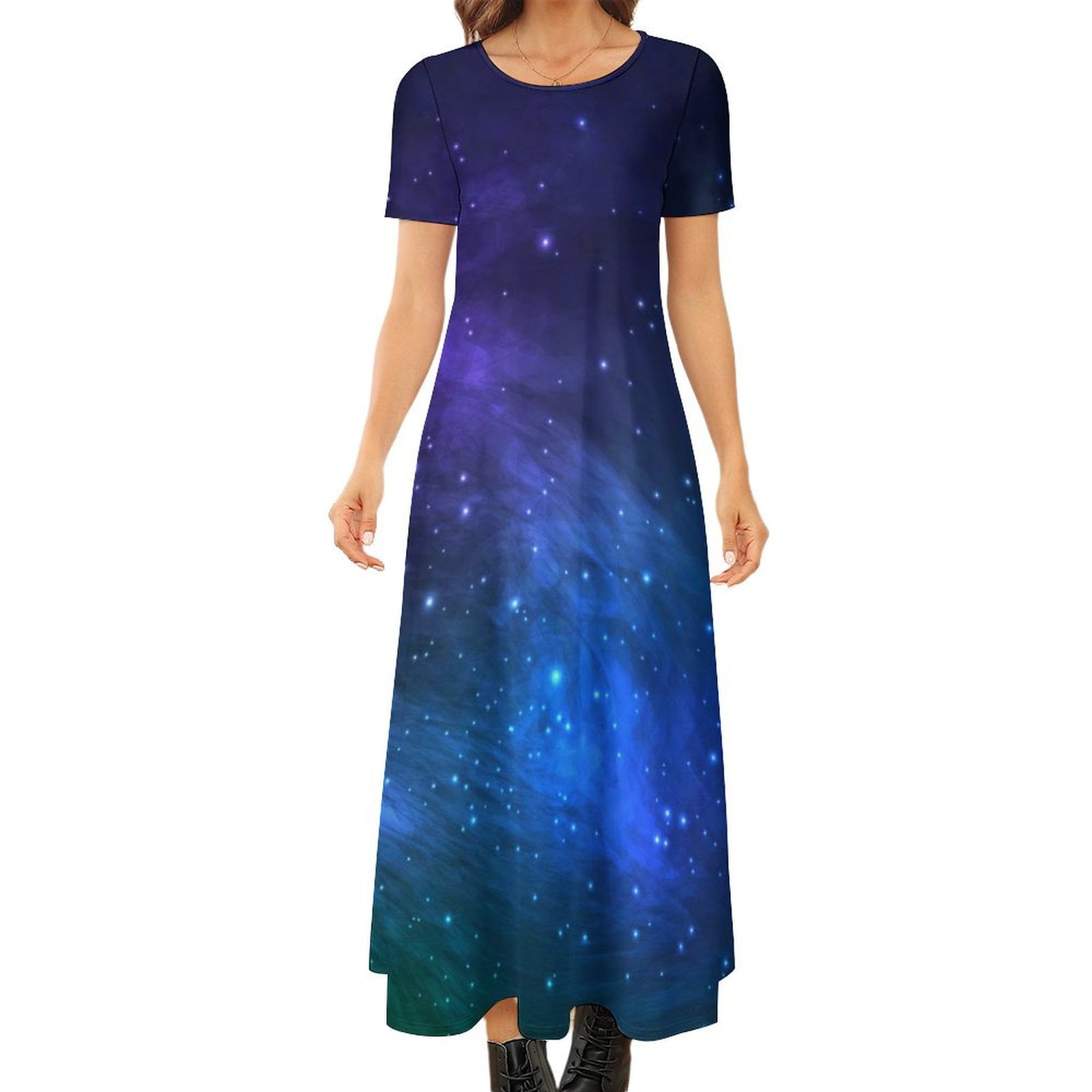 2024 Bright Galaxy Dress Starry Sky Maxi Dress Short Sleeve Aesthetic ...
