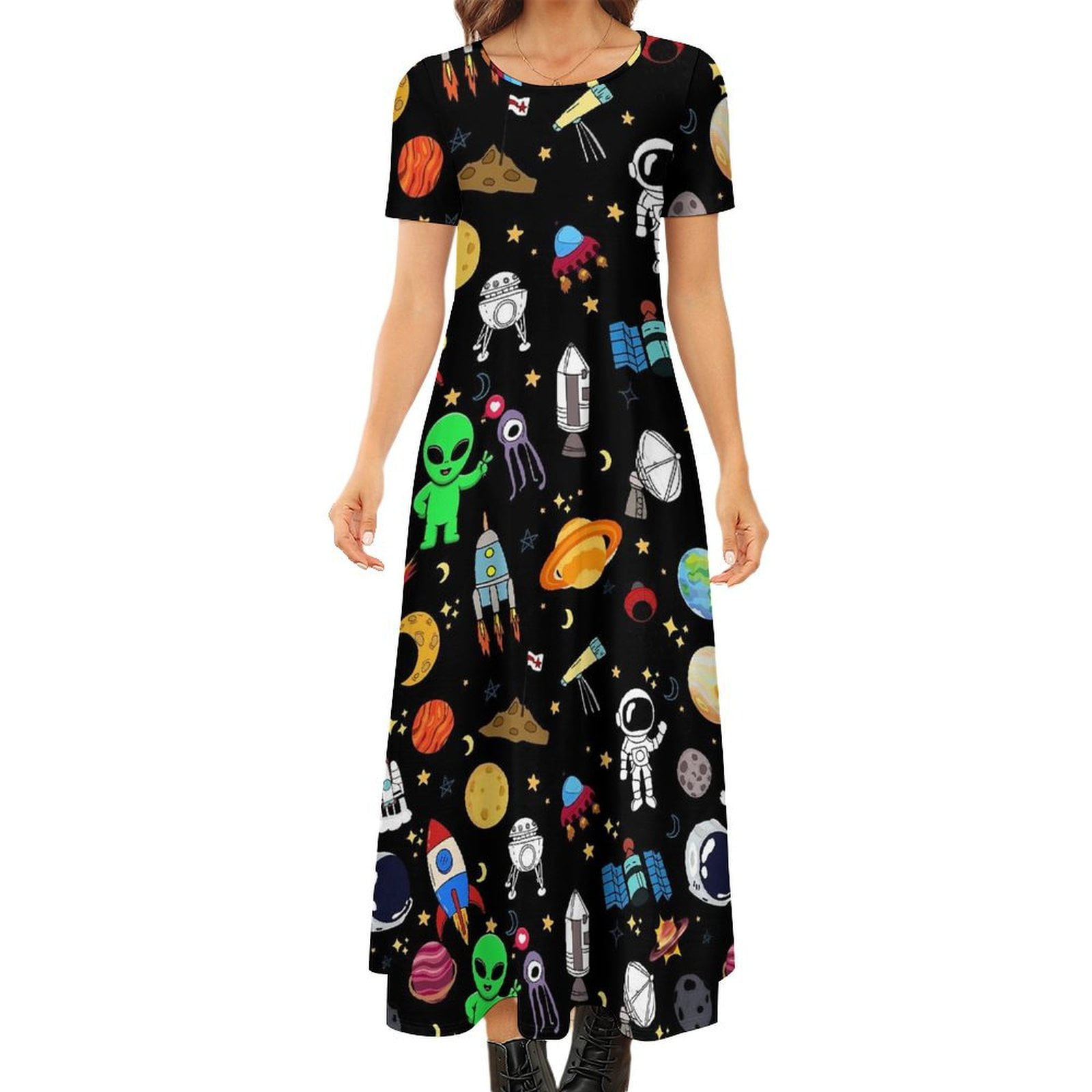 2024 Cartoon Space Dress The Solar System Korean Fashion Bohemia Long ...
