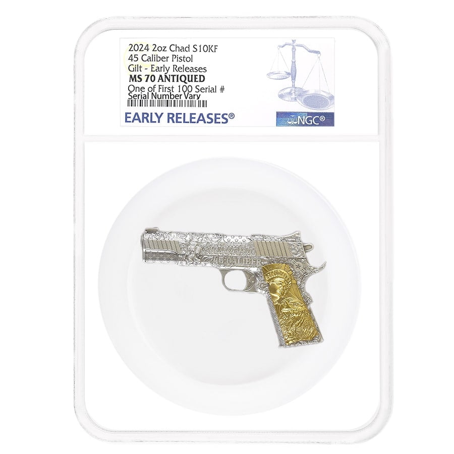 2024 Chad 2 oz Silver .45 Caliber Pistol Gilded NGC MS 70 ER One of ...