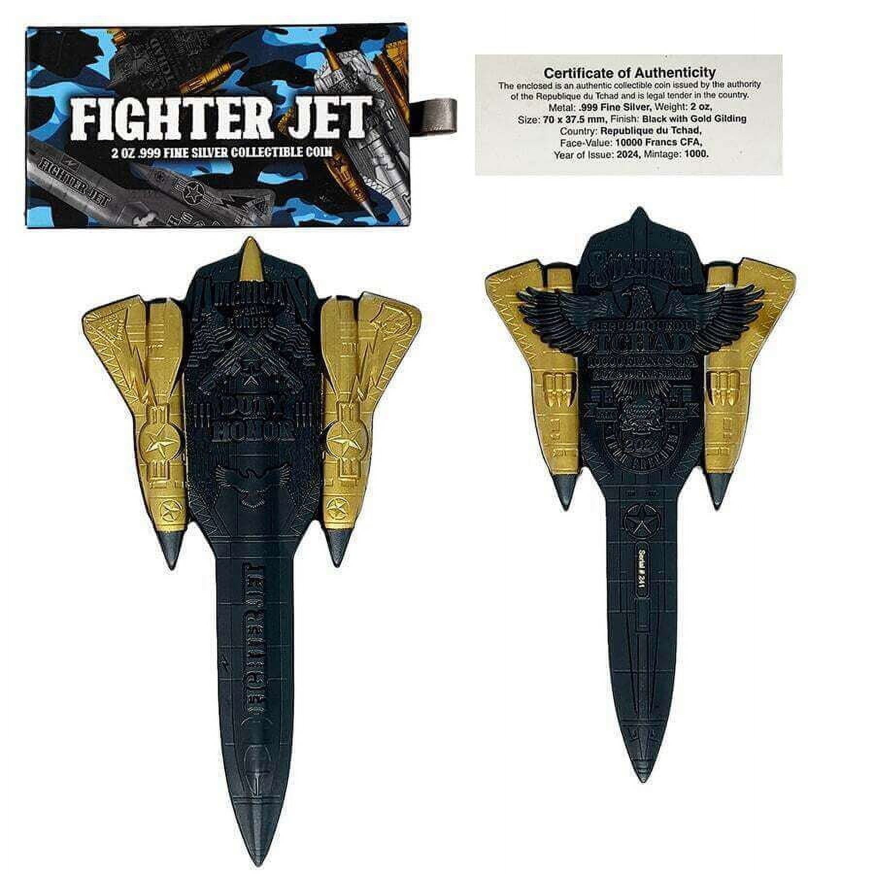 2024 Chad 2 oz Silver Fighter Jet Black & Gold Shaped Coin .999 Fine ...
