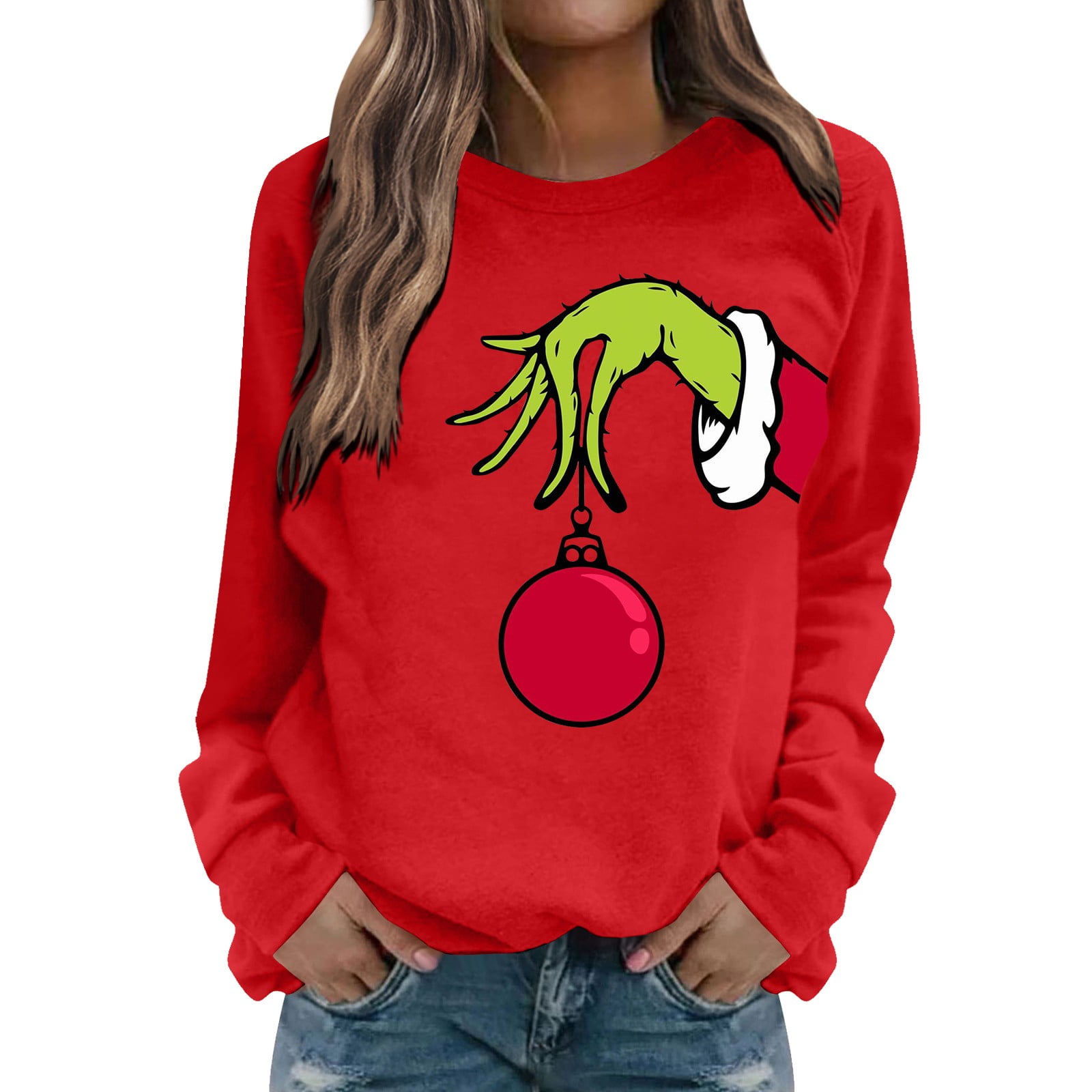 2024 Christmas Grinch Print Sweatshirt, Women's Fashion Long Sleeve Round Neck Sweatshirt Casual ...