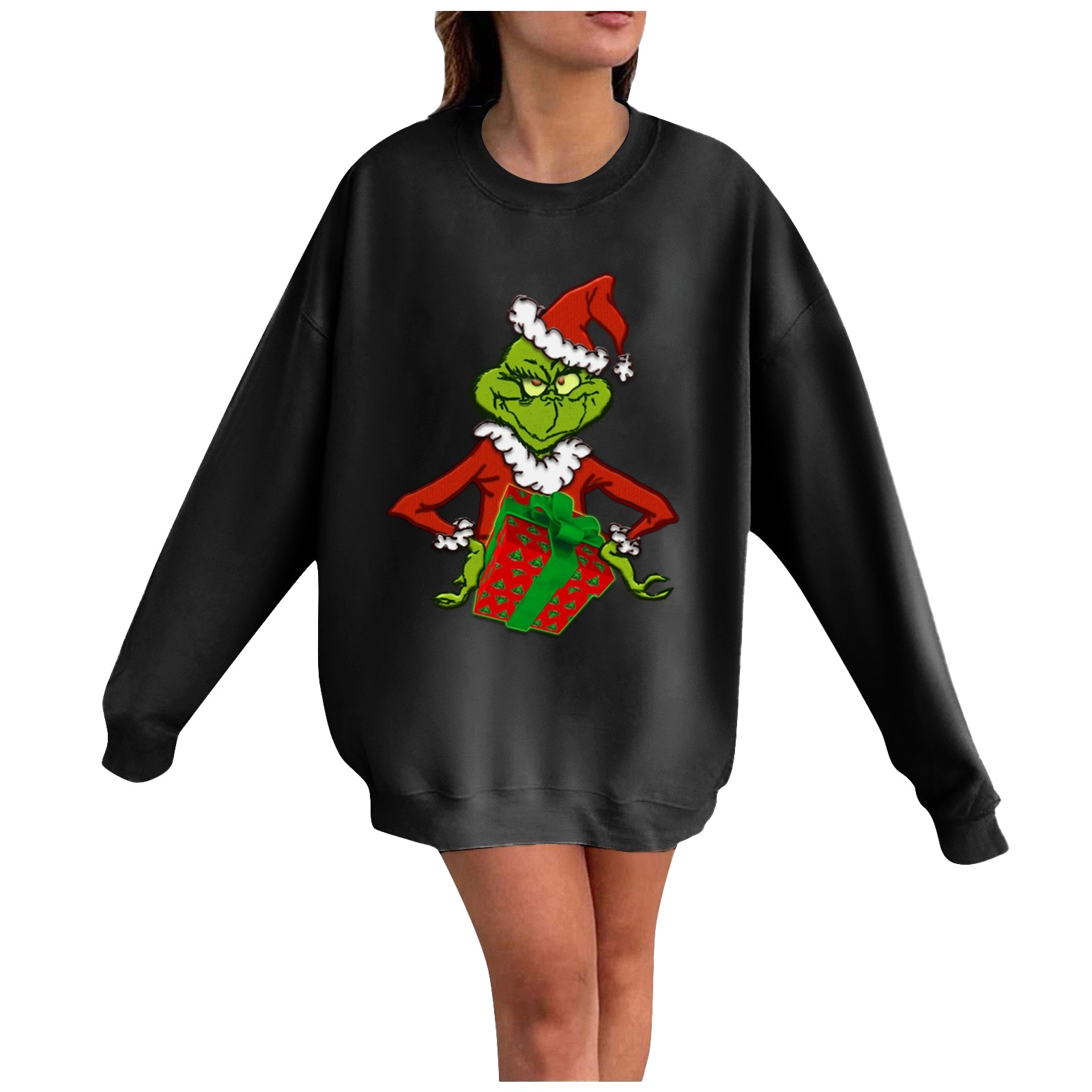 2024 Christmas Grinch Printing Sweatshirt, Women's Loose Fit Pullover Long Sleeve Round Neck ...