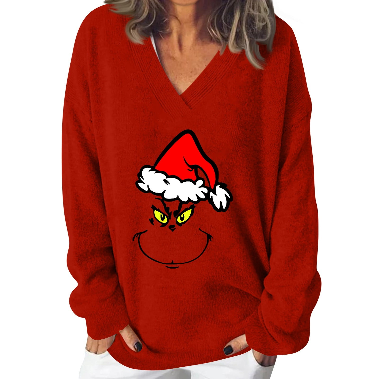 2024 Christmas Hoody for Gr1nch Printing，Women's Festive Red V-Neck ...