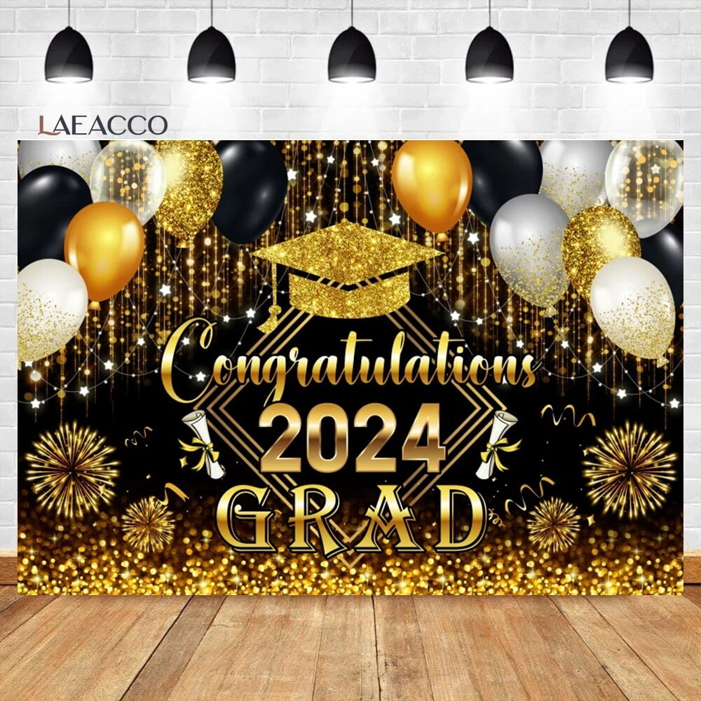 2024 Class Graduation Photography Backdrop Black and Gold Cap Balloon ...