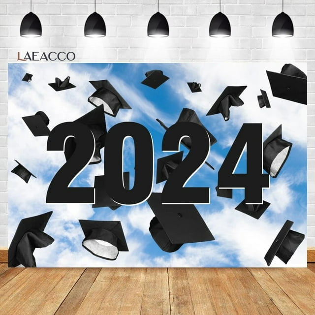 2024 Class Graduation Photography Backdrop Black and Gold Cap Balloon ...