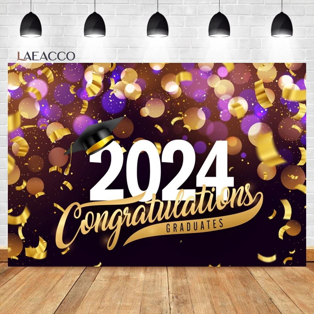 2024 Class Graduation Photography Backdrop Black and Gold Cap Balloon ...