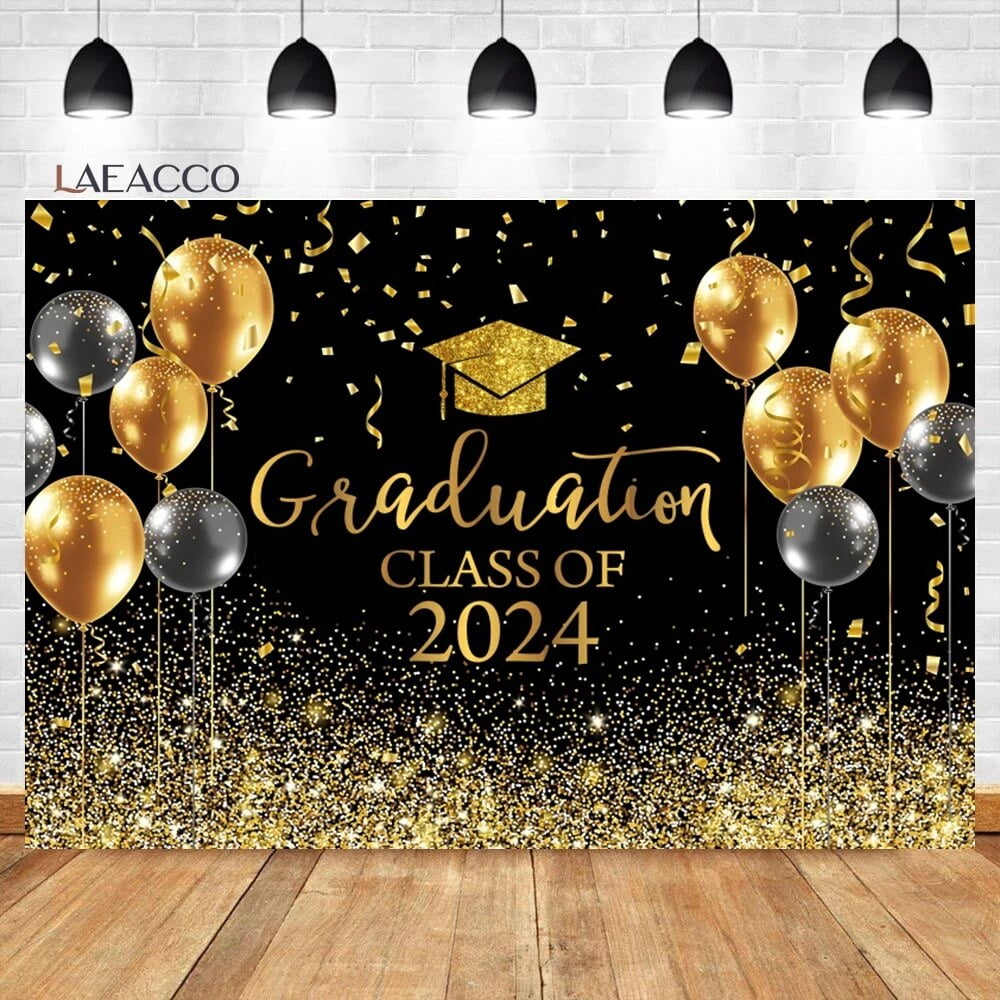 2024 Class Graduation Photography Backdrop Black and Gold Cap Balloon ...