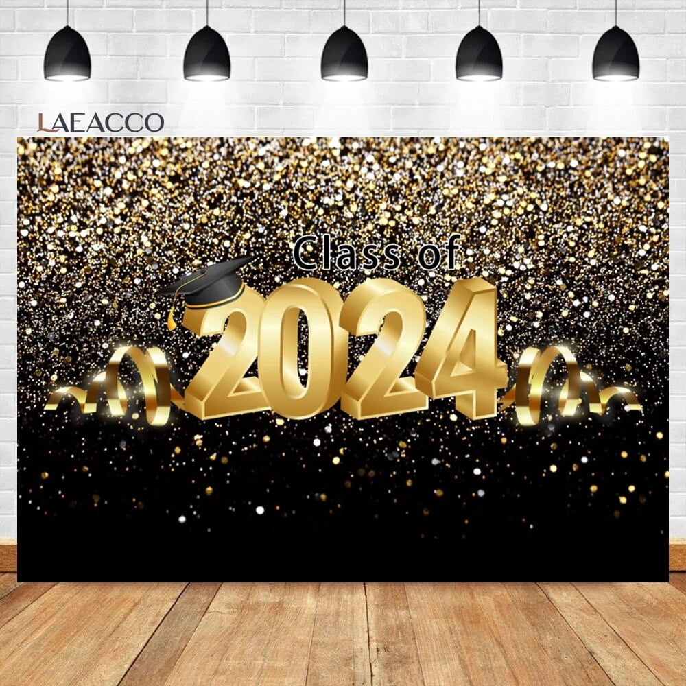 2024 Class Graduation Photography Backdrop Black and Gold Cap Balloon ...