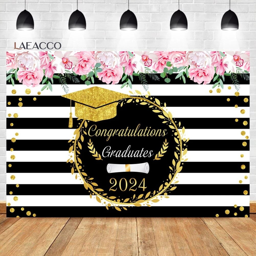 2024 Class Graduation Photography Backdrop Black and Gold Cap Balloon ...