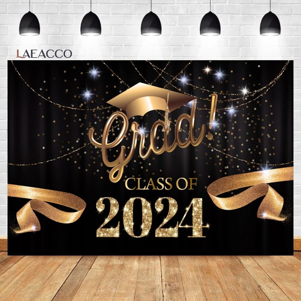 2024 Class Graduation Photography Backdrop Black and Gold Cap Balloon ...