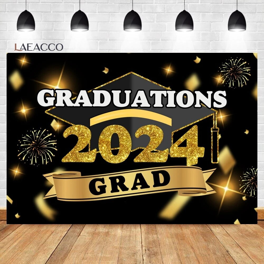 2024 Class Graduation Photography Backdrop Black and Gold Cap Balloon ...