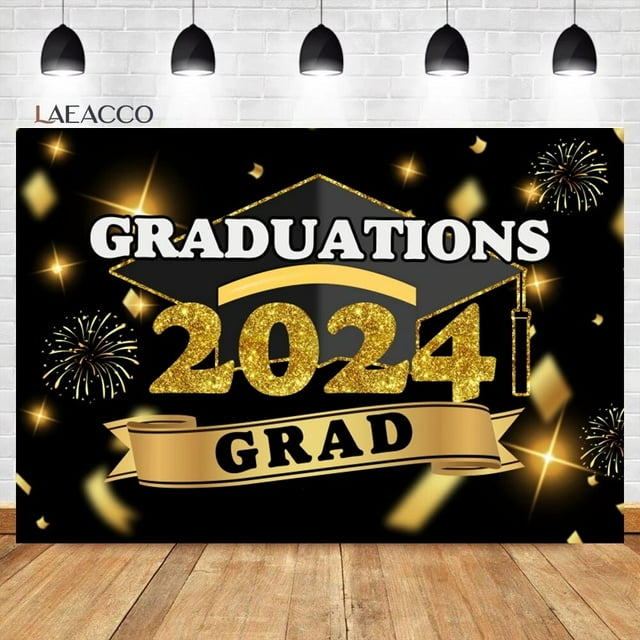 2024 Class Graduation Photography Backdrop Black and Gold Cap Balloon ...