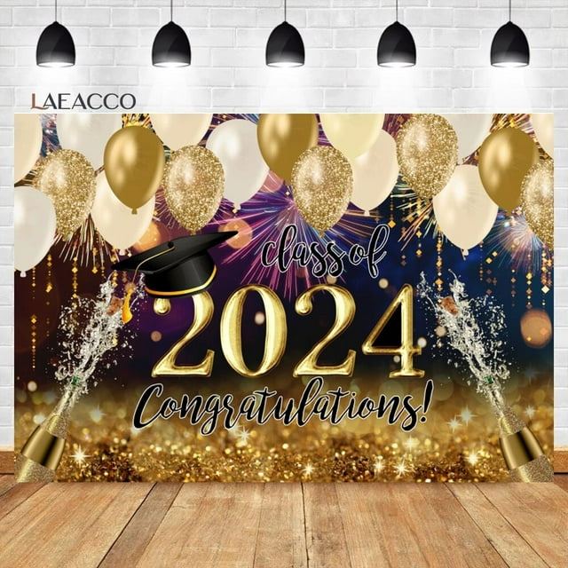 2024 Class Graduation Photography Backdrop Black and Gold Cap Balloon ...