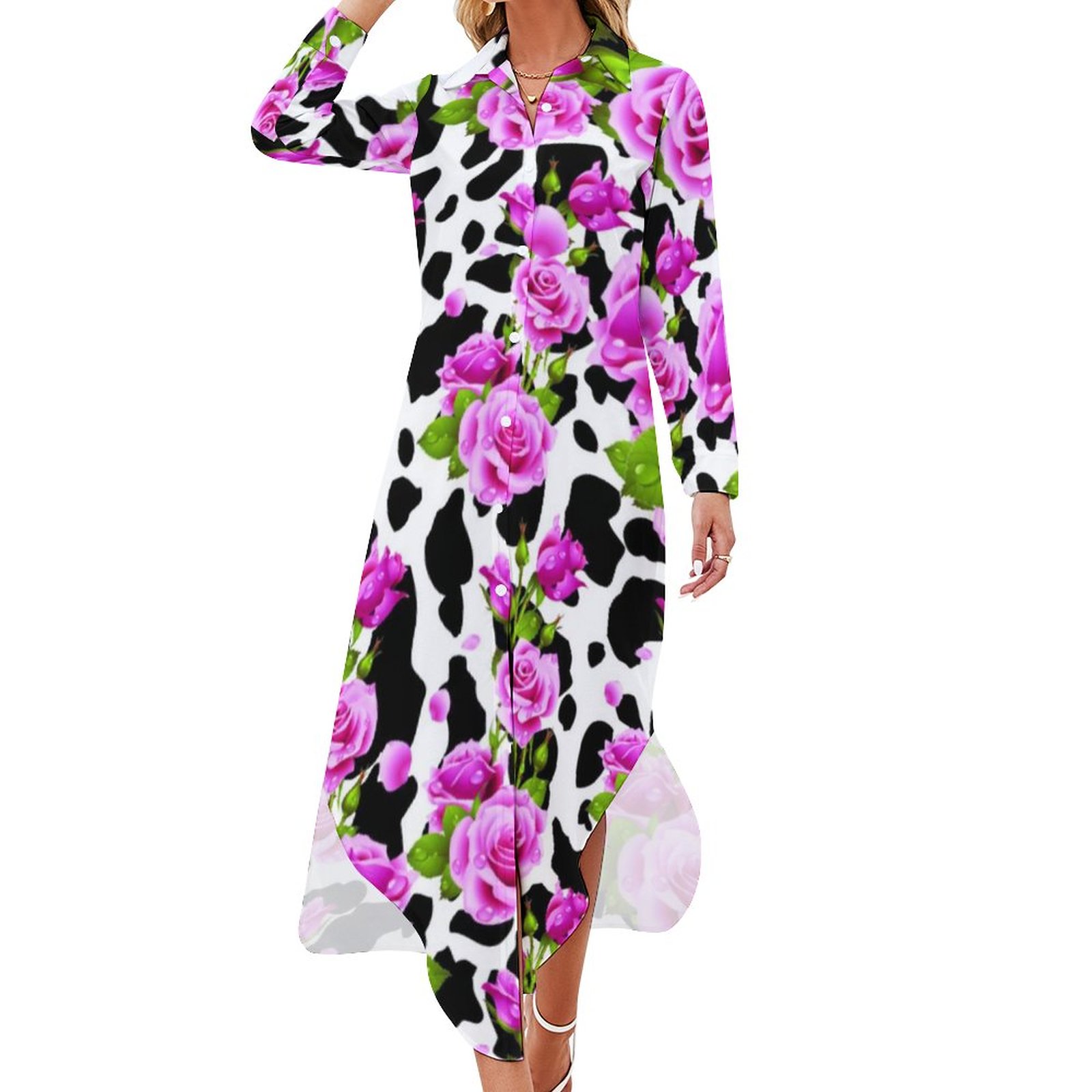 2024 Cow Print And Roses Placed Casual Dress Cow Spots Flower Korean ...