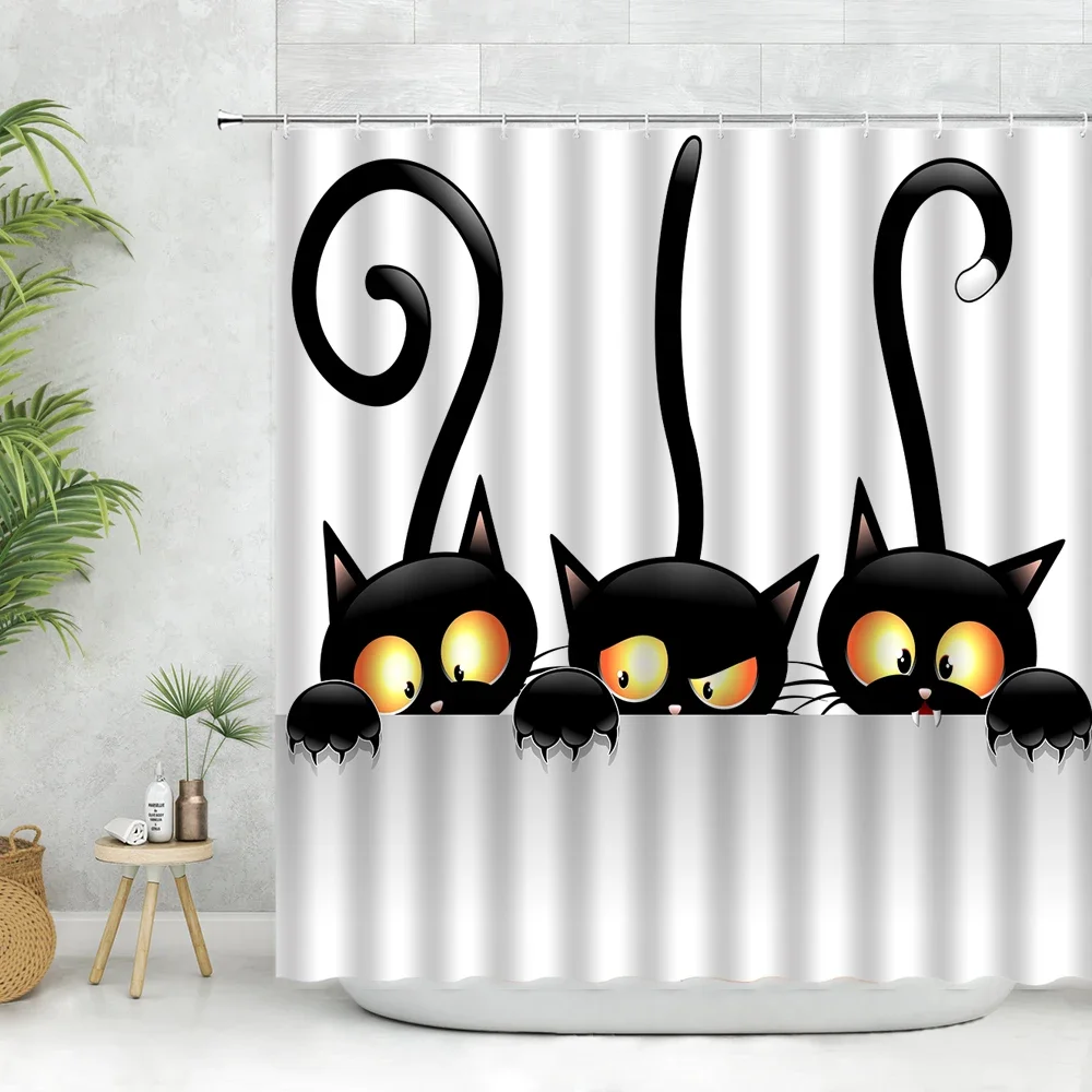 2024 Dreamfire Three Funny Naughty Black Cat Shower Curtain Scratching