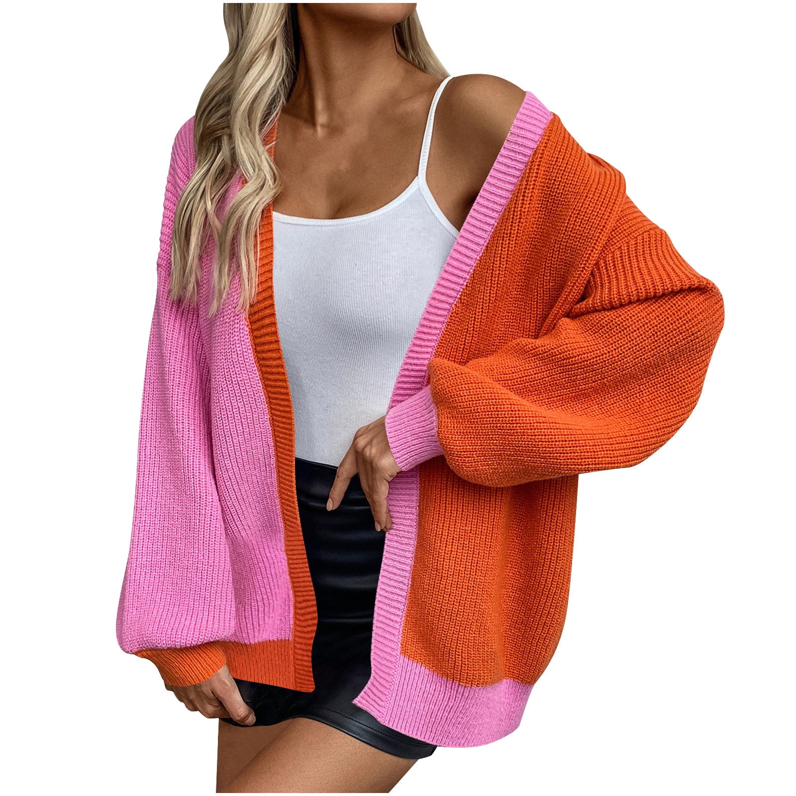 2024 Fall Cardigans for Women ColorBlock Lantern Long Sleeve Open Front ...