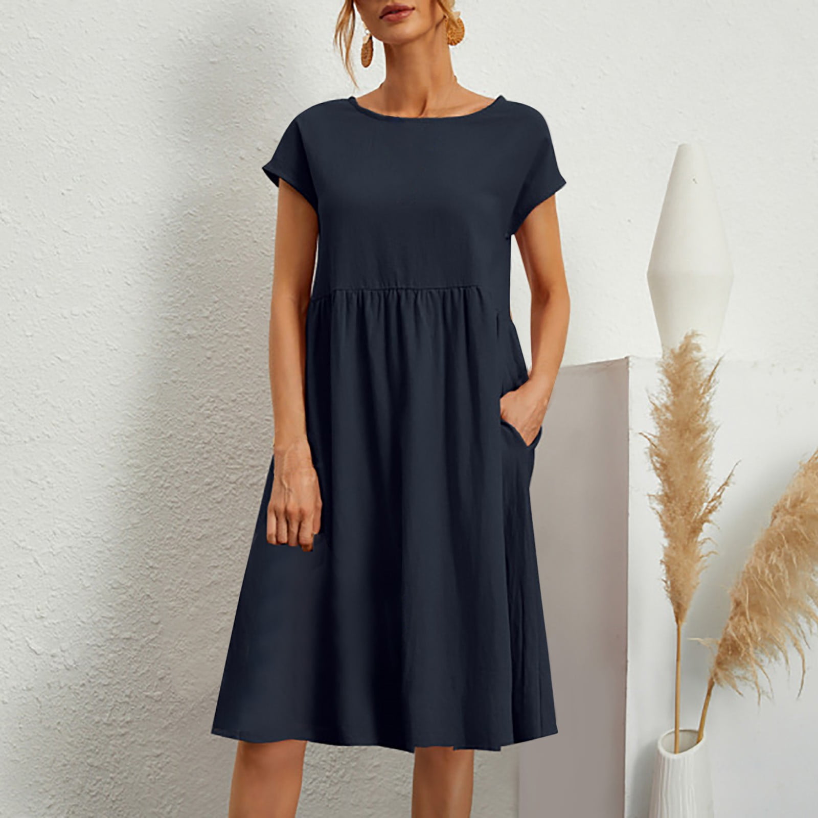 2024 Fashion Summer OL Temperament Women's And Linen Round Neck A Line Skirt Plus Size Loose ...