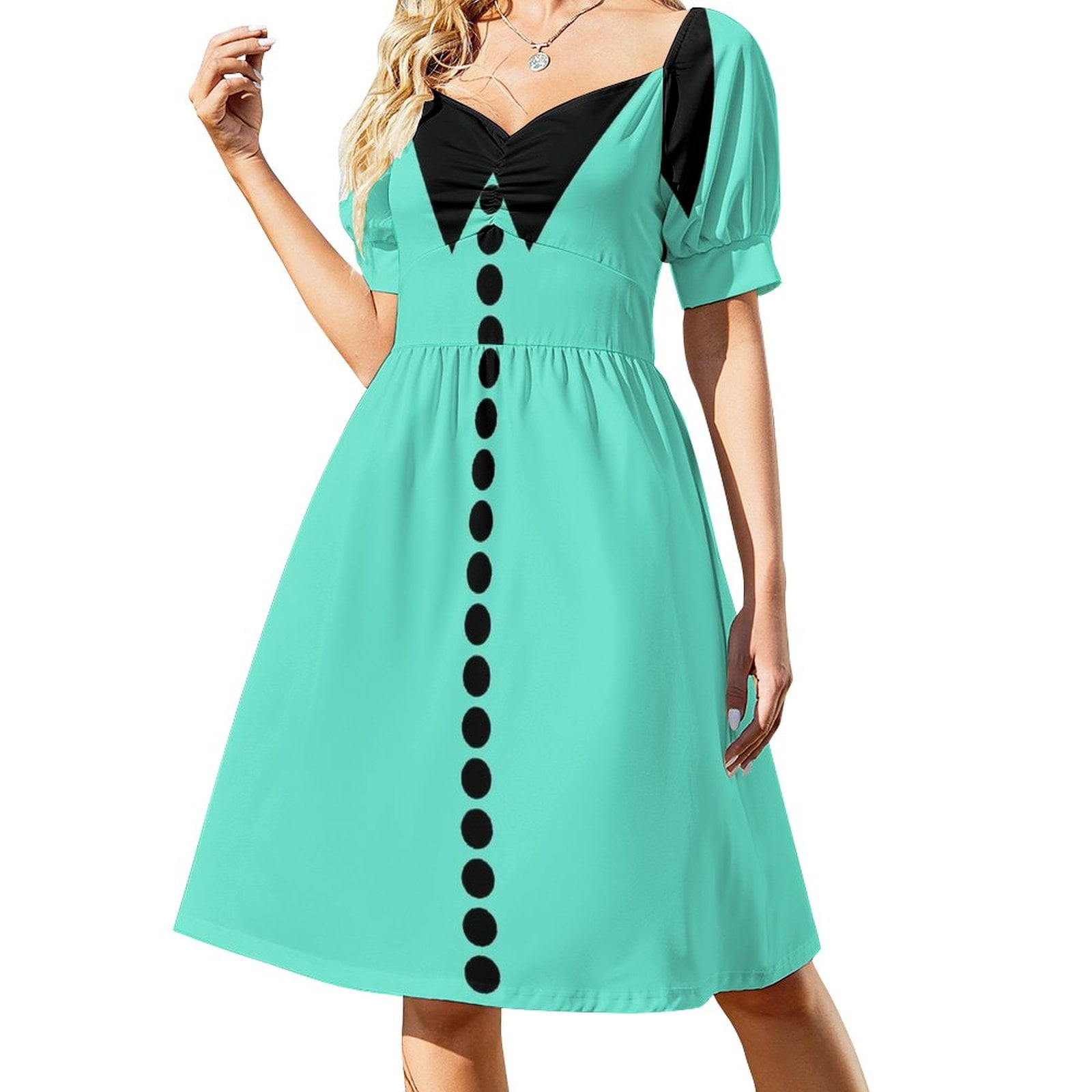 2024 Faux Collar and Buttons 2 in Aqua and Black Dress summer clothes ...