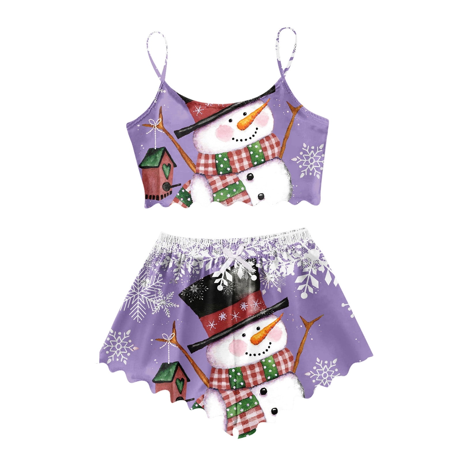 2024 Festive Snowman Print Ladies Short Sleeve Sleepwear Set Cozy Blend ...