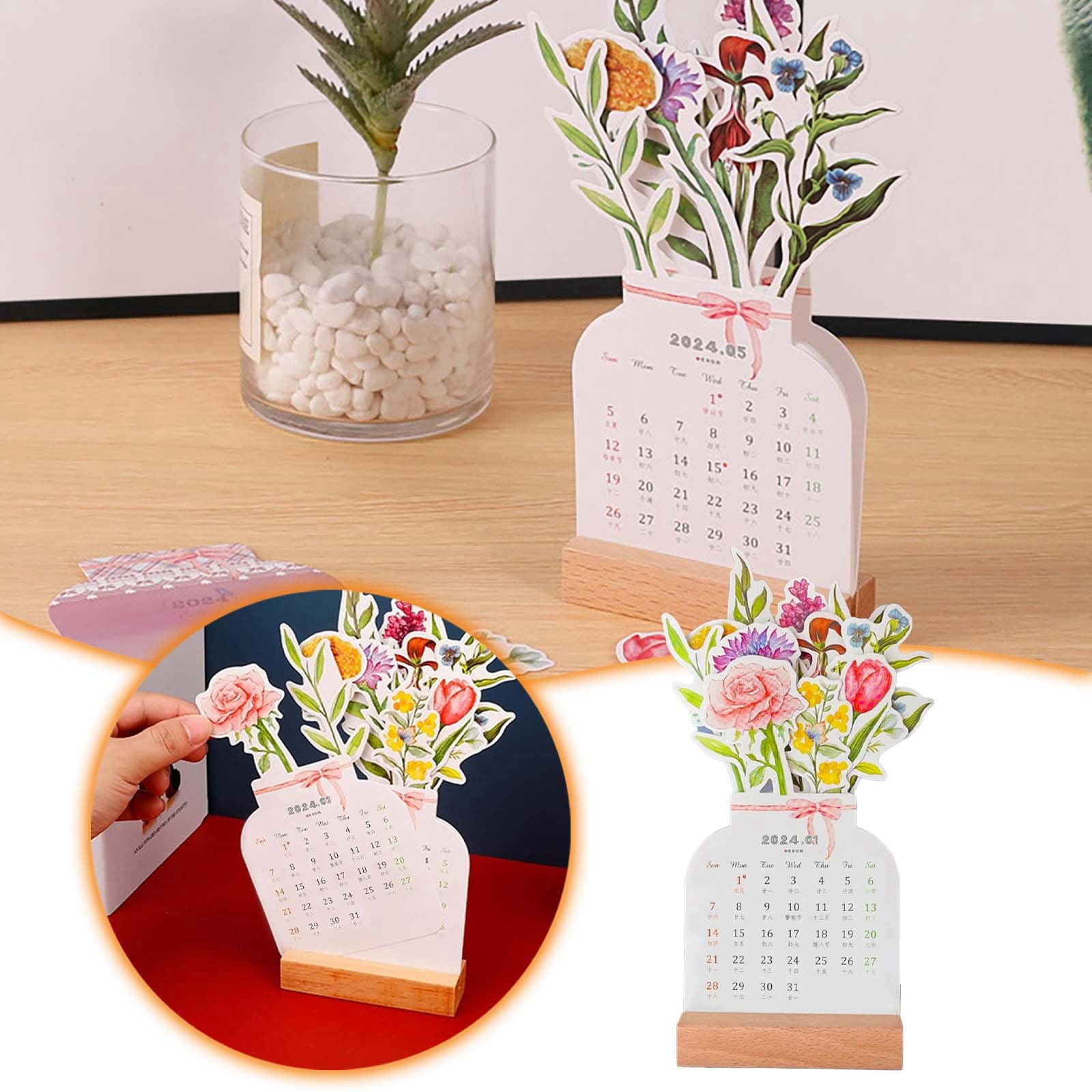 2024 Flowers On Desk Calendar Wooden Base Calendar Desktop Backside Can ...