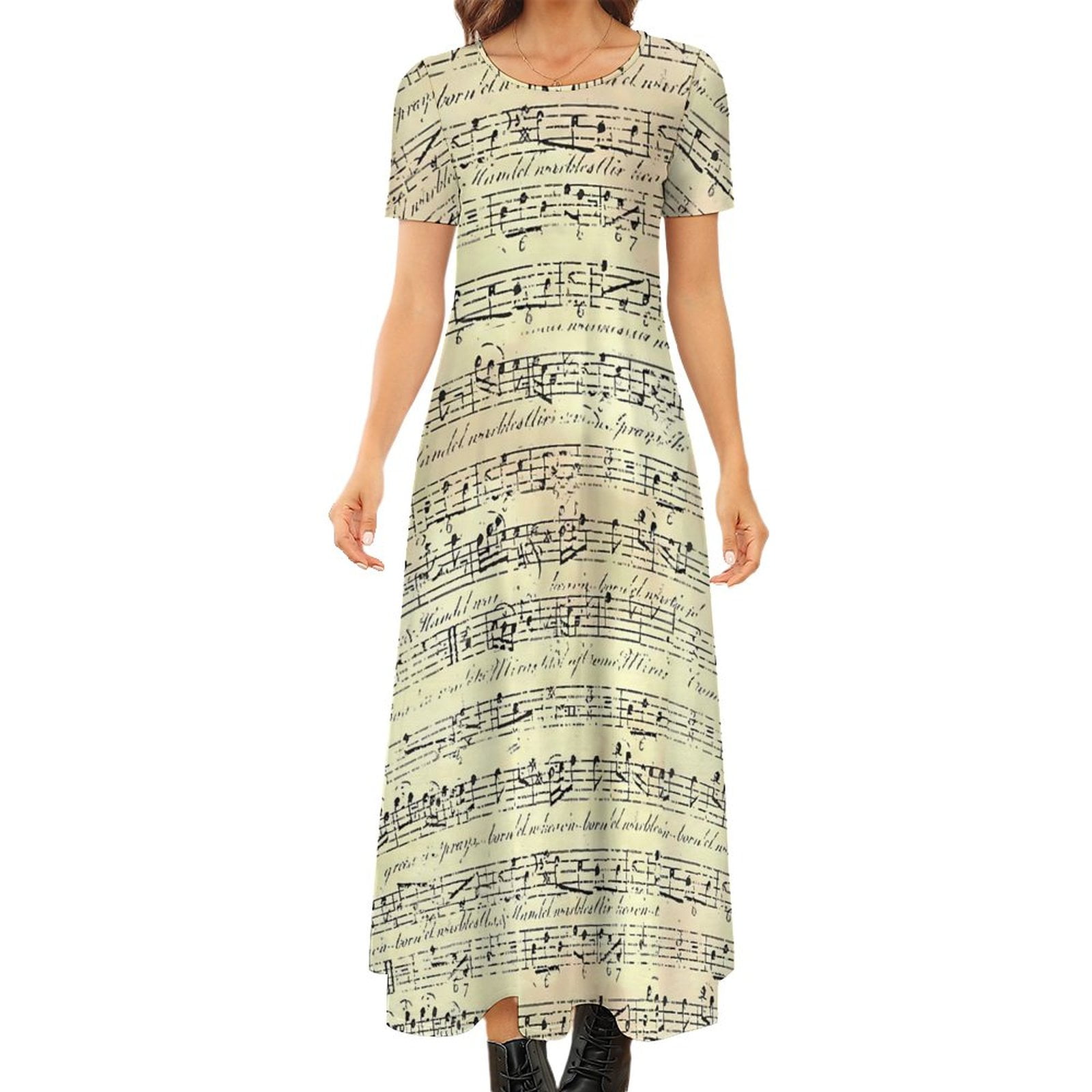 2024 Fun Musical Notes Dress Black White Aesthetic Bohemia Long Dresses ...