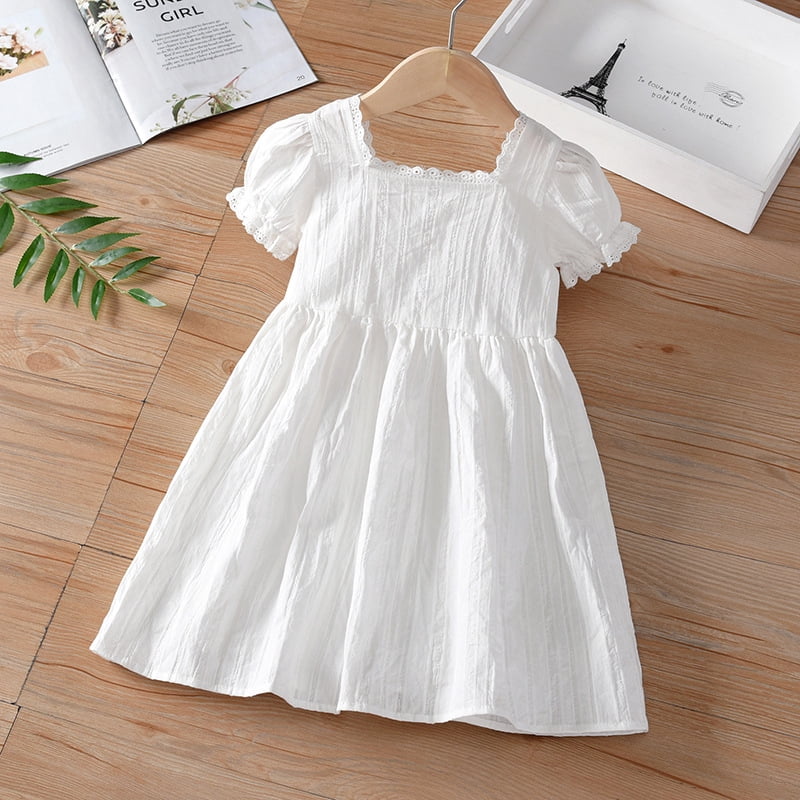 2024 Girls Summer Clothes Elegant White Dress with Lace Trim Children ...