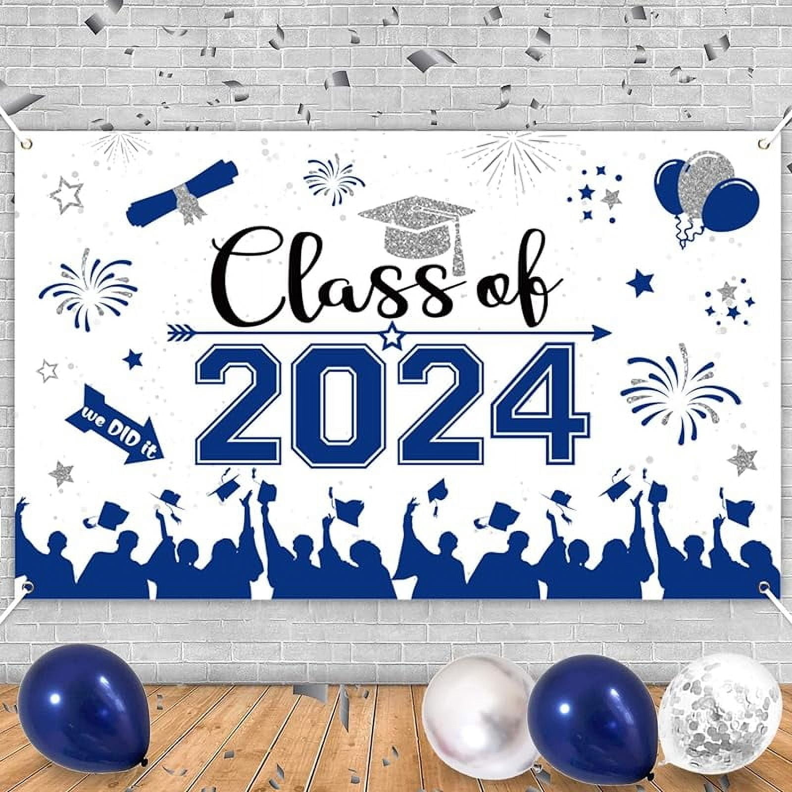 2024 Graduation Backdrop Banner, 70" x 42" Navy Blue and Silver ...
