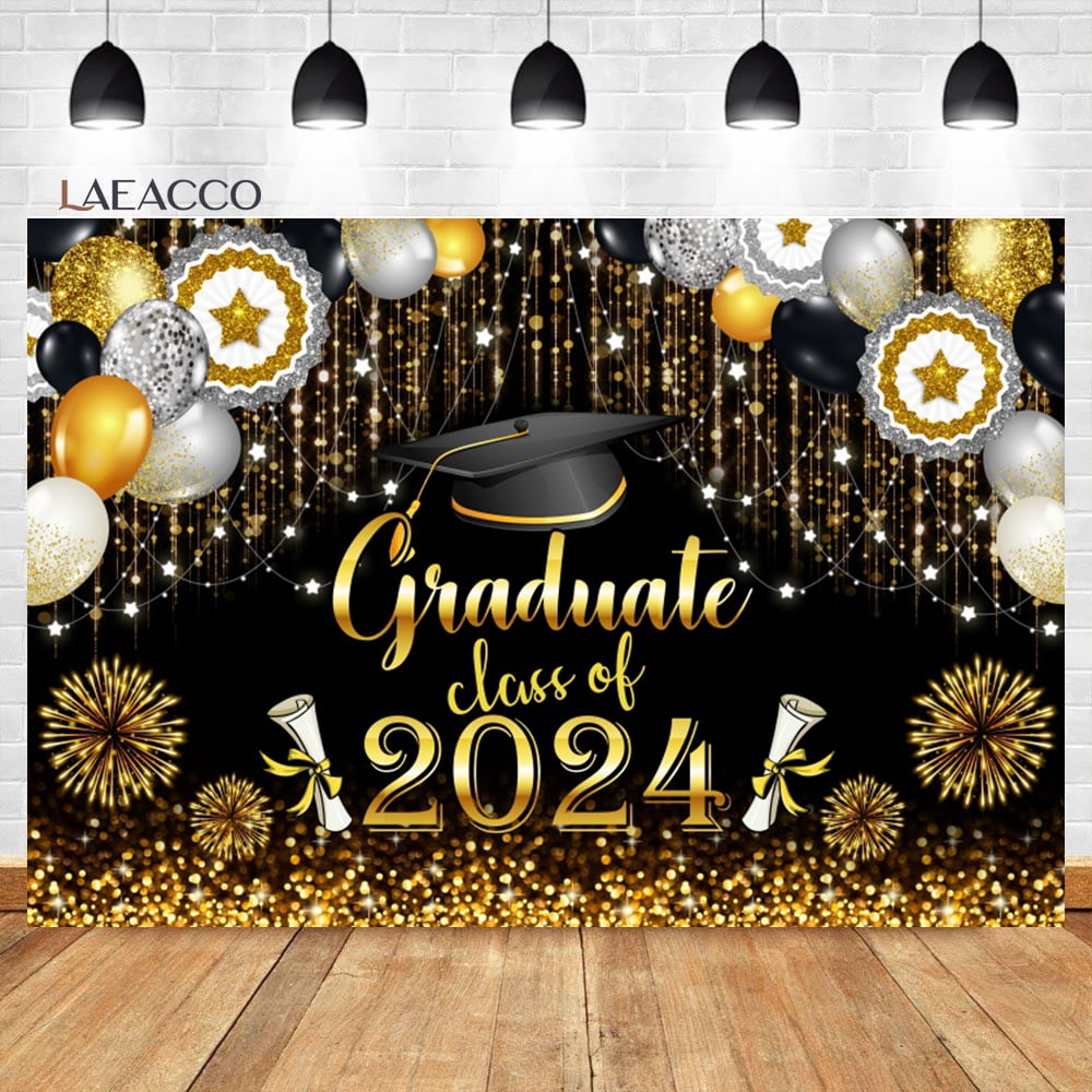 2024 Graduation Backdrop Congrats Grad Black Gold Bachelor Cap Balloon ...