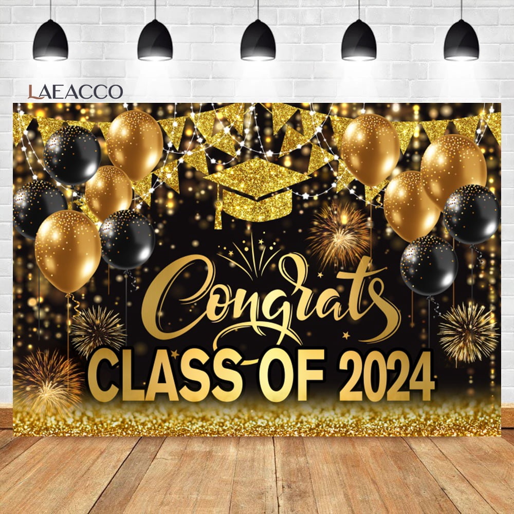 2024 Graduation Backdrop Congrats Grad Black Gold Bachelor Cap Balloon ...