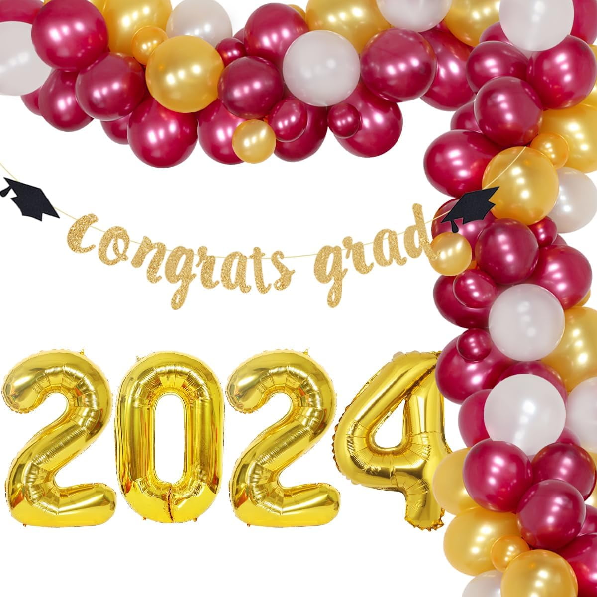 2024 Graduation Decorations, Burgundy and Gold Maroon Balloon Garland ...