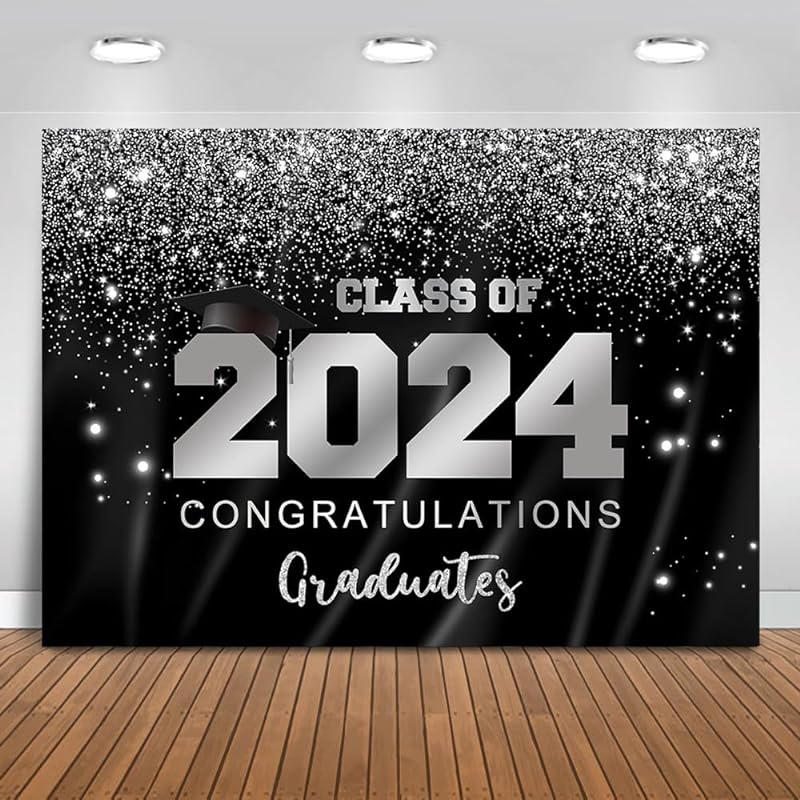 2024 Graduation Party Backdrop Class of 2024 Black Silver Glitter ...