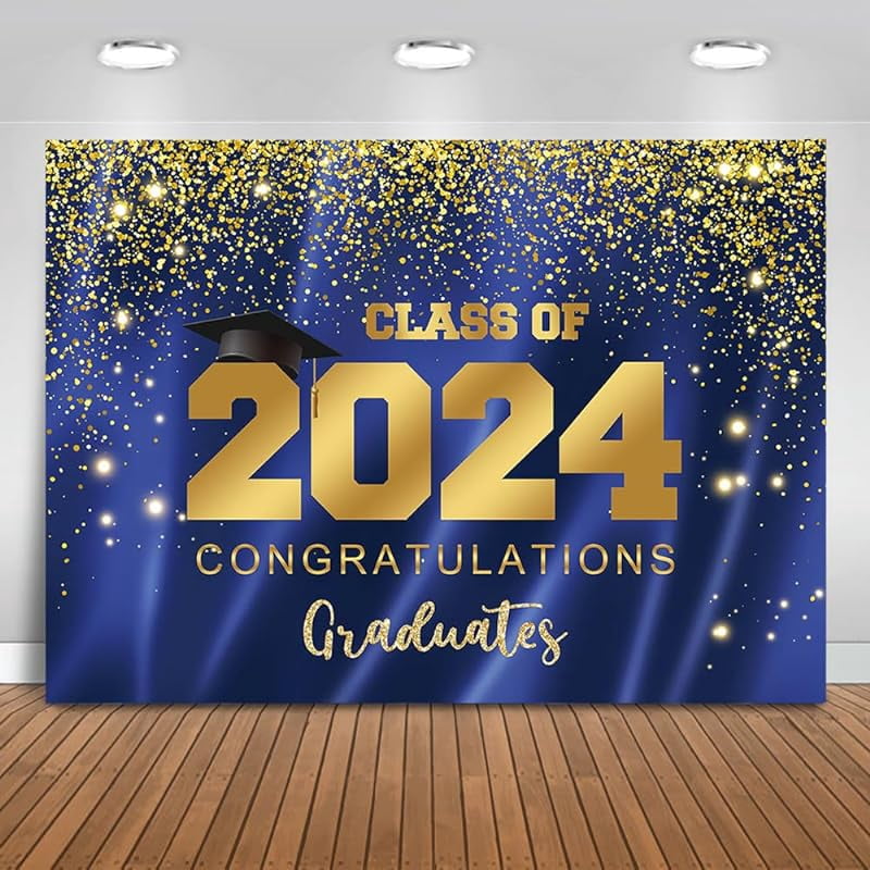 2024 Graduation Party Backdrop Class of 2024 Blue Gold Glitter ...