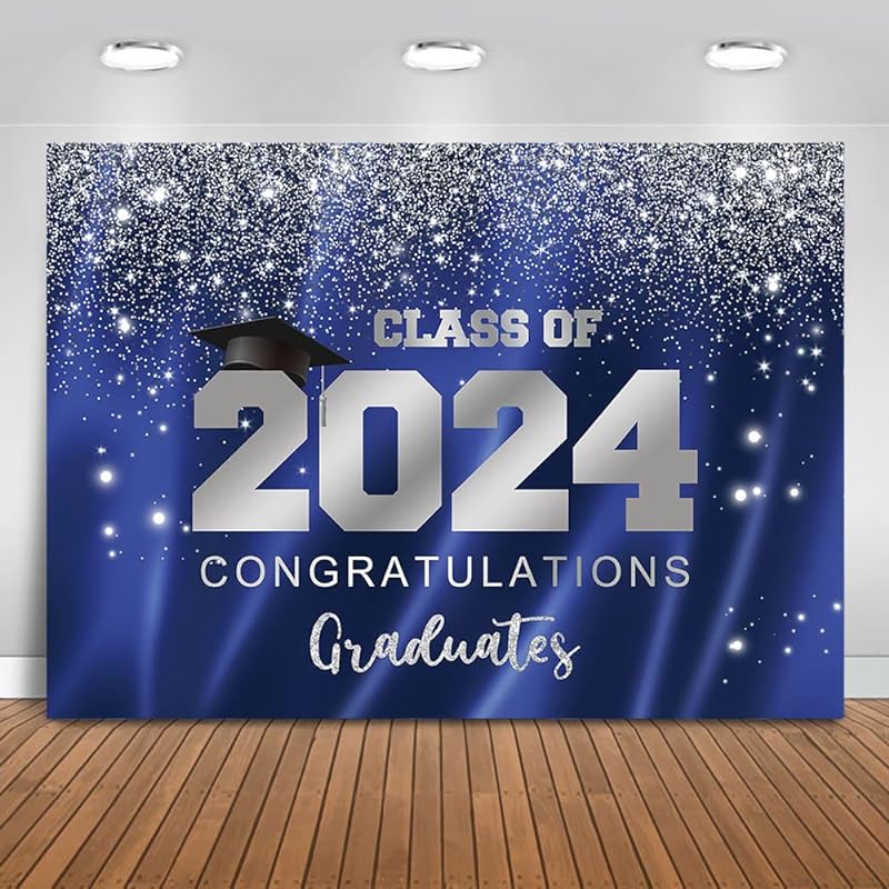 2024 Graduation Party Backdrop Class of 2024 Blue Silver Glitter ...