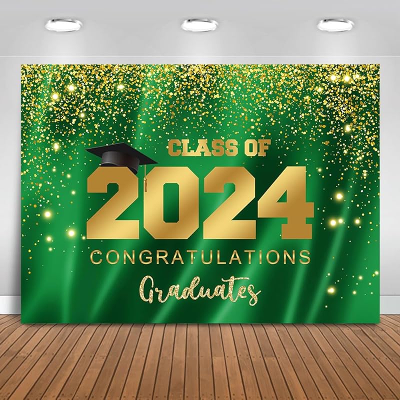 2024 Graduation Party Backdrop Class of 2024 Green Gold Glitter ...